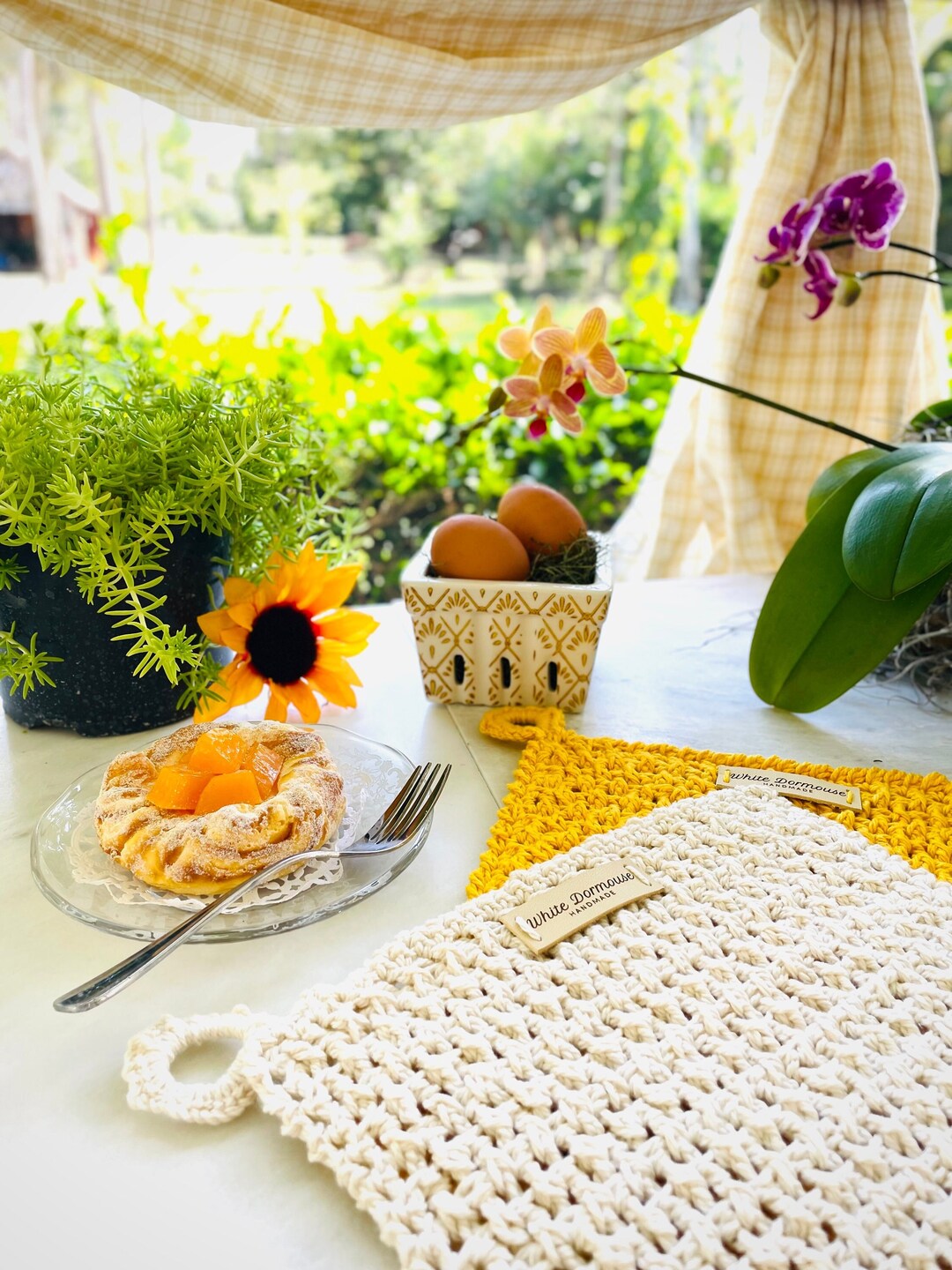 Crochet Dish Cloth Sunflower and Cotton Field White With Hanging Loop ...