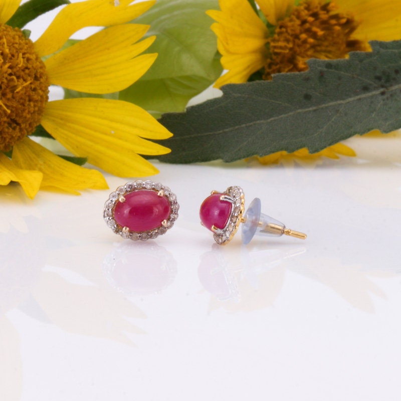 Natural Ruby and Diamond Earrings 14 k Gold Earrings Party | Etsy