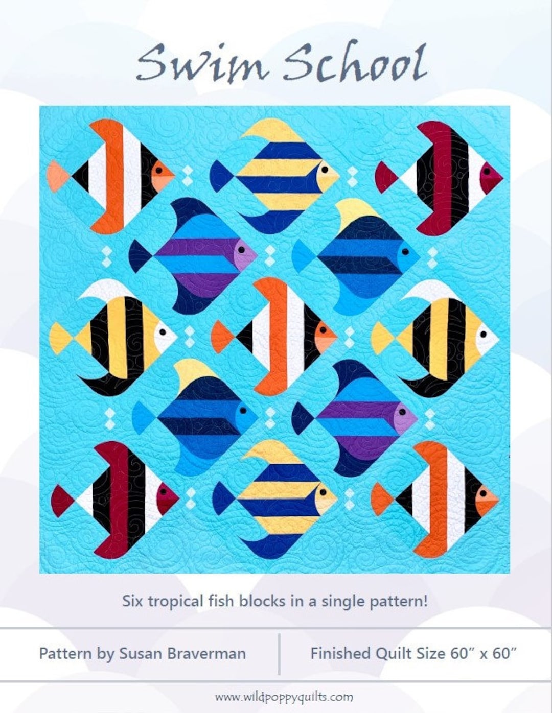 Swim School Quilt Pattern - PDF Digital Throw Size Modern Tropical Fish ...