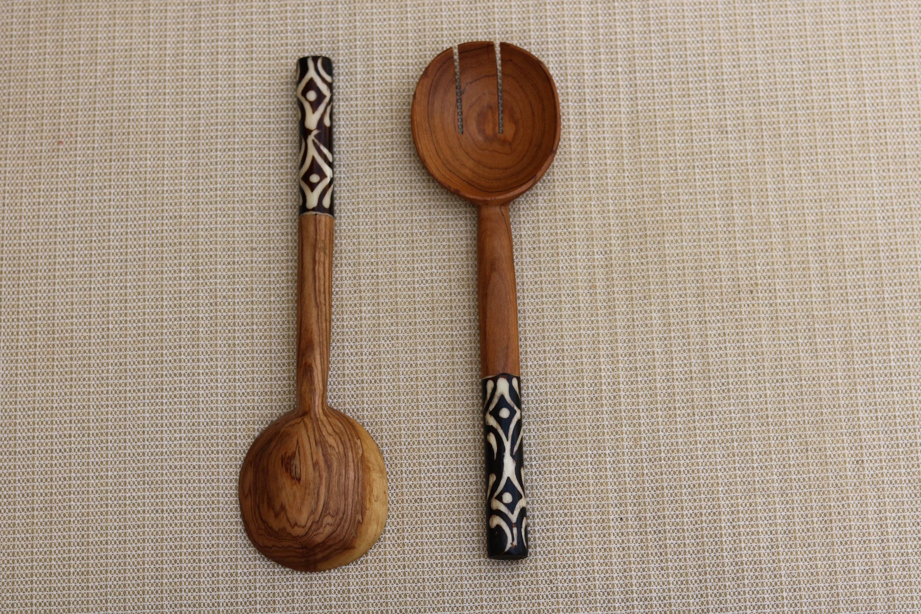 Olive Wood Salad Spoons, Hand-carved Wood Bone Salad Servers, African ...