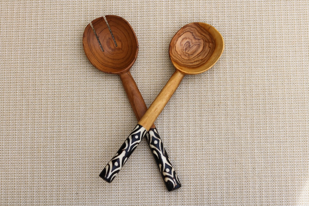 Olive Wood Salad Spoons, Hand-carved Wood Bone Salad Servers, African ...
