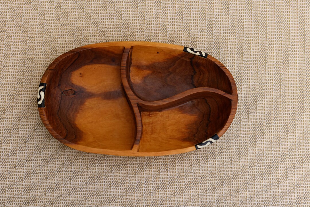 Divided Snack Bowl, Olive Wood Bowl, Salad Serving Bowl, Hand-carved ...
