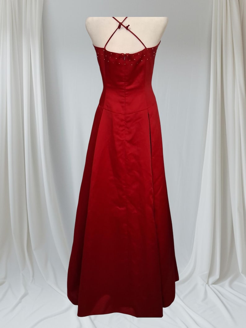 Vintage Candy Apple Red Satin Gown: Beaded Trim, Pockets, Size 14 - Etsy