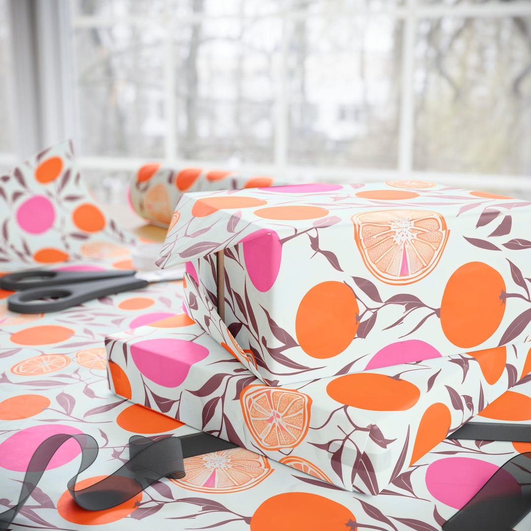 Citrus Wrapping Paper, Gift Wrap Sheets, Fruit Design, Pink and Orange ...
