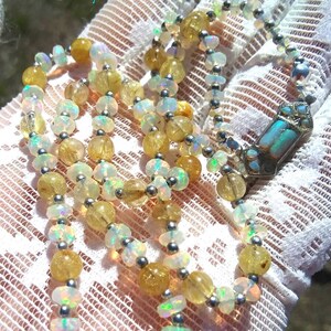 Art Deco Fiery Natural Opal & Angel Hair Rutilated Quartz Necklace With ...