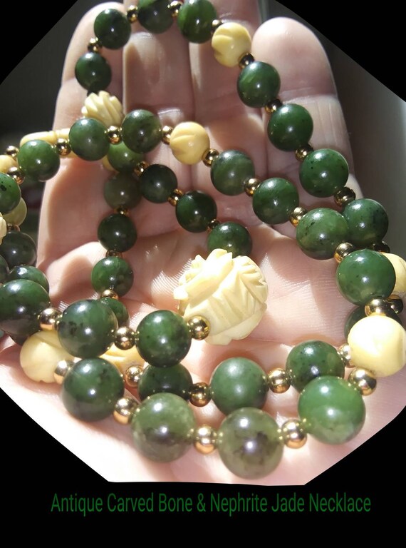 Antique Spinach Green Nephrite Jade & Carved Bone Necklace / - Etsy