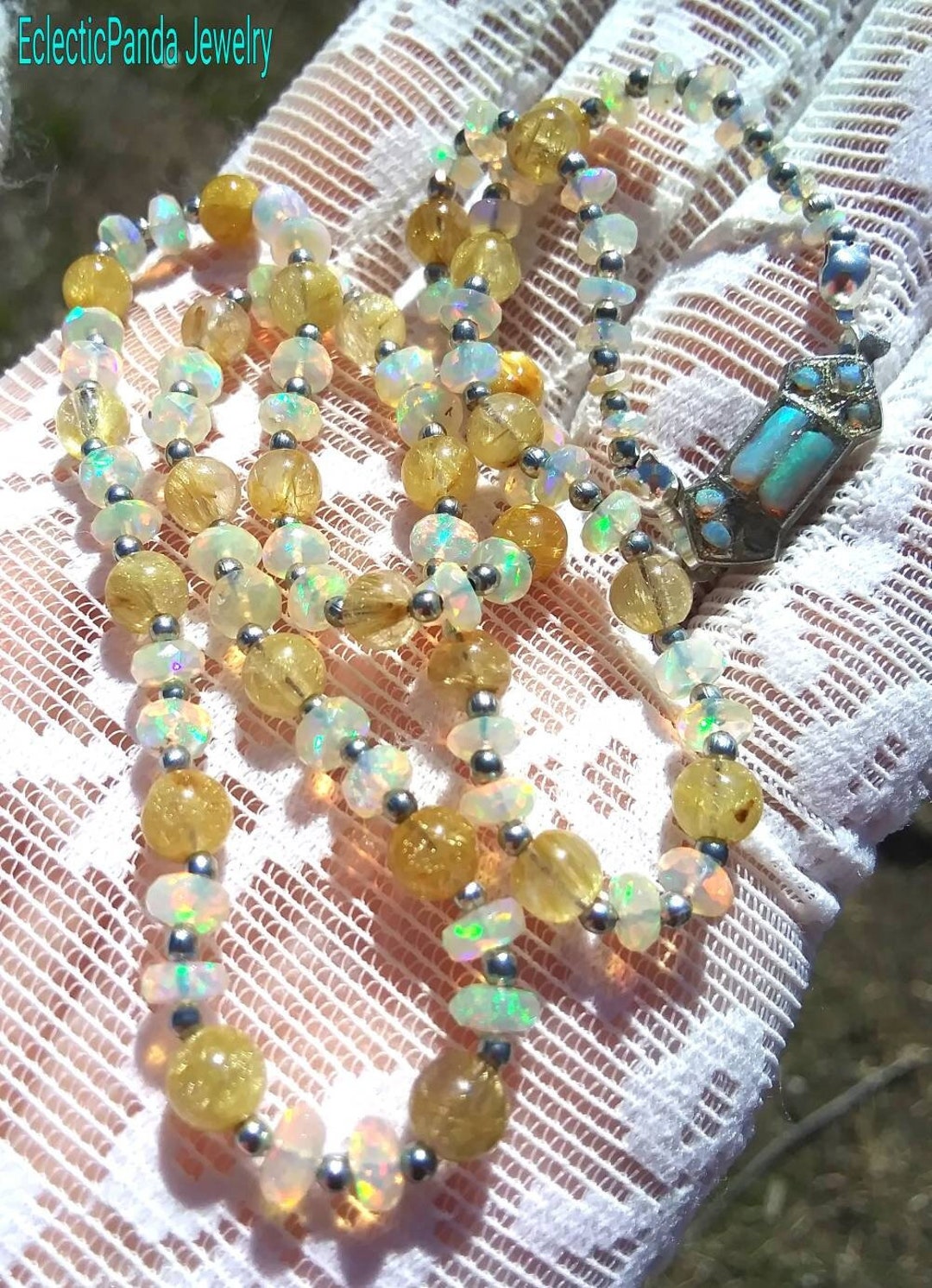 Art Deco Fiery Natural Opal & Angel Hair Rutilated Quartz Necklace With ...