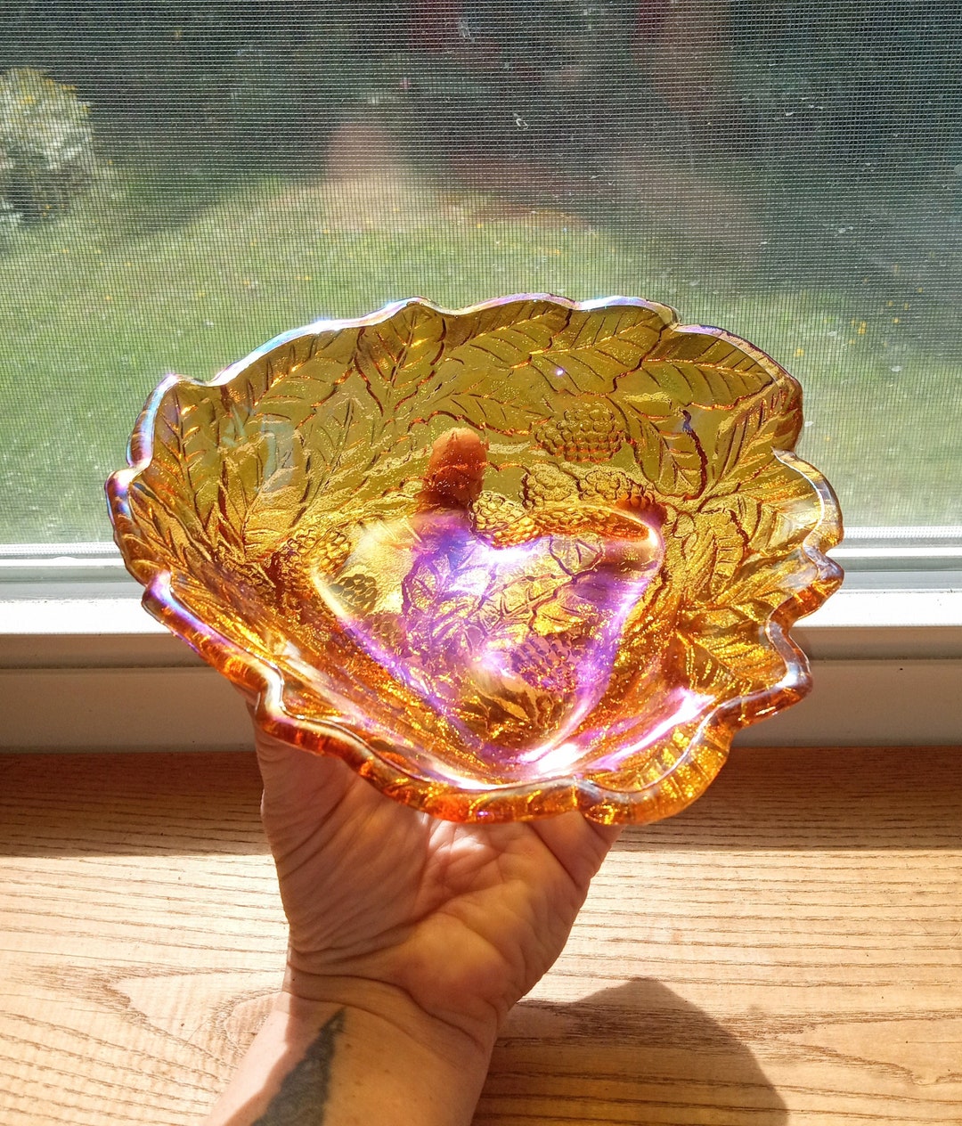 Delicious Honey Topaz Carnival Glass Blackberry & Nut Display Dish ...