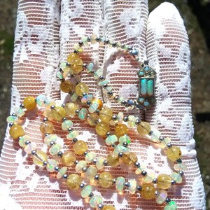 Art Deco Fiery Natural Opal & Angel Hair Rutilated Quartz Necklace With ...