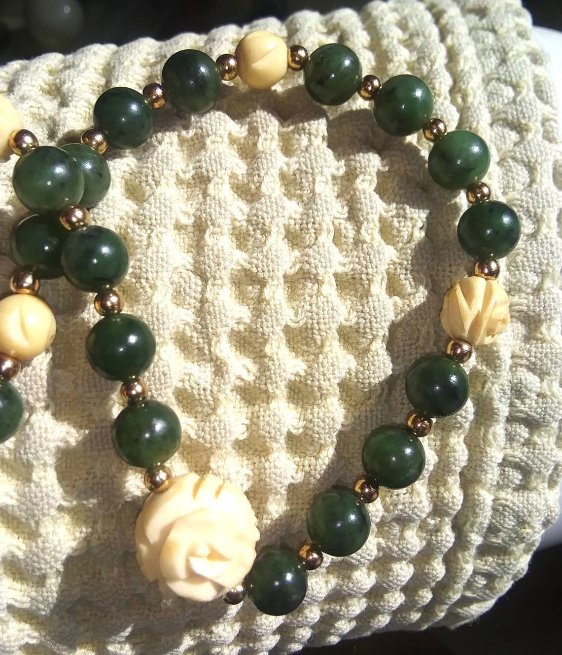 Antique Spinach Green Nephrite Jade & Carved Bone Necklace / - Etsy