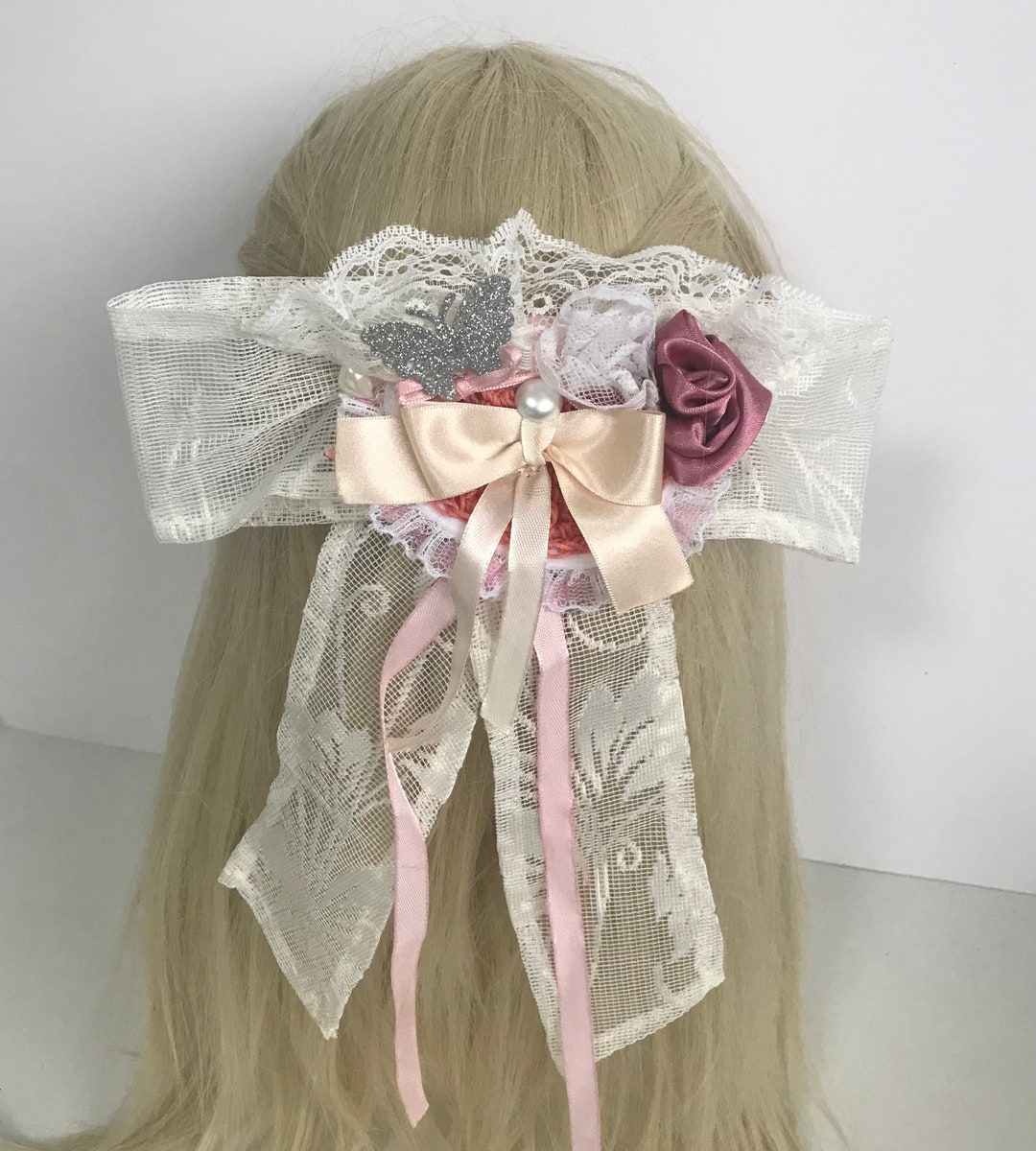 Bridal Bow, Large Lace Bow, Cream Pink and Pearl Bow With Tail, Double ...