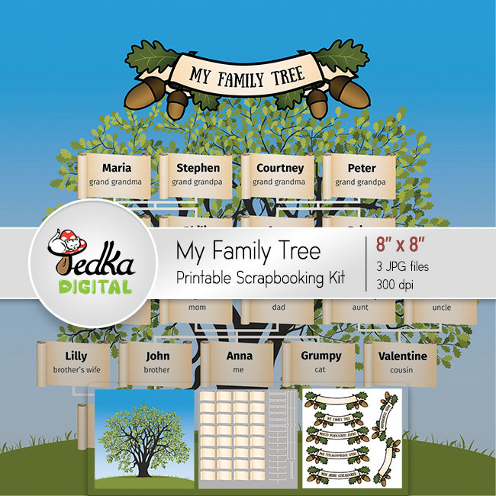 Printable Family Tree, Printable Scrapbooking Kit 8x8, DIY Template ...