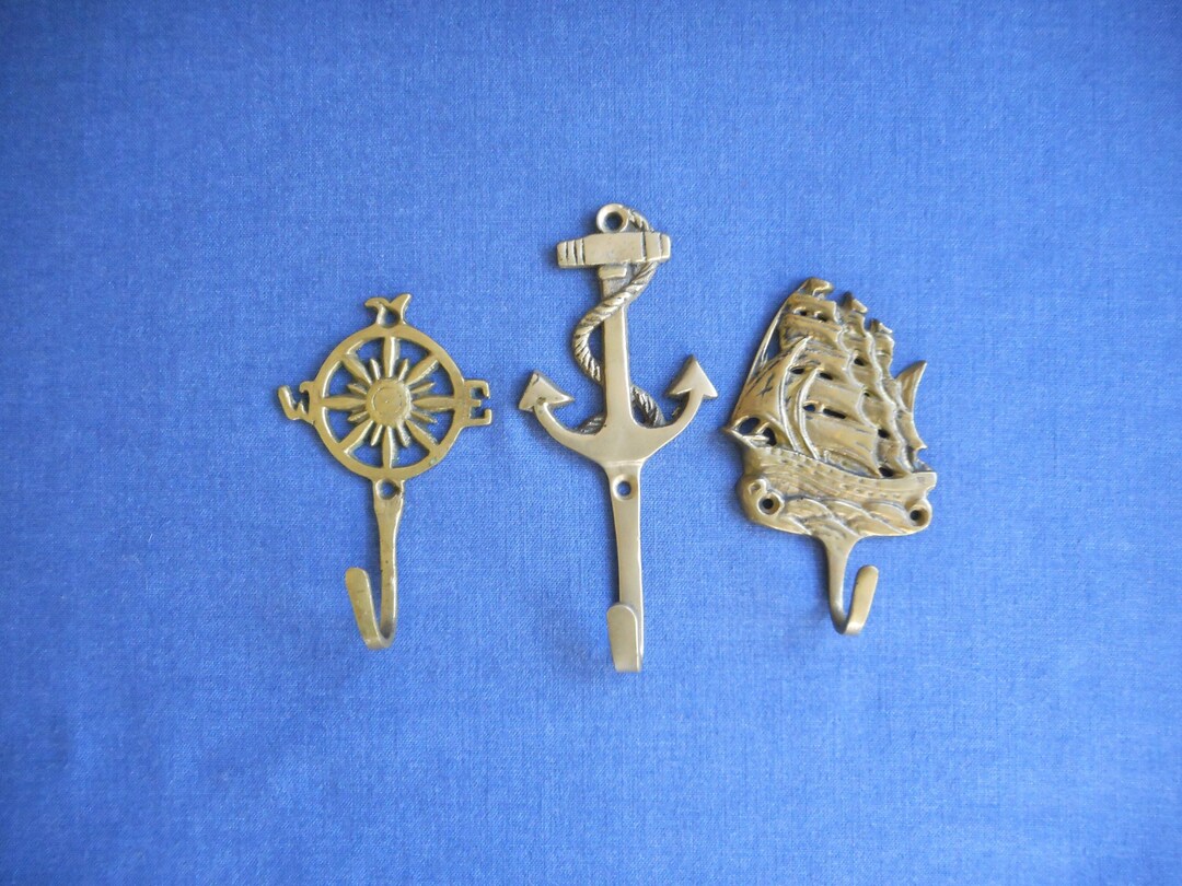 Solid Brass Nautical Coat Hooks Compass Rose Tall Ship Anchor With Rope ...