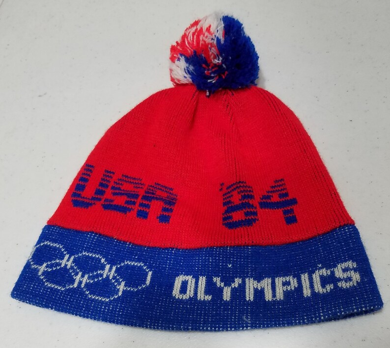 Vintage USA 80s 1984 Olympics Knit Cap Pom Pom Beanie Stocking Ski Hat ...