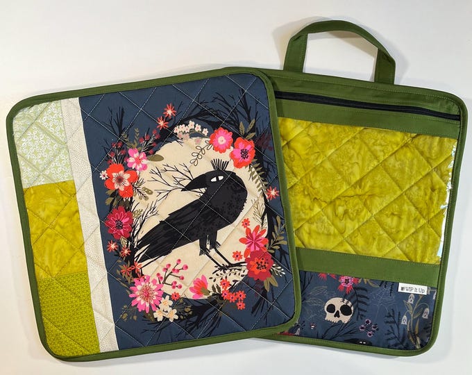 Midnight Whispers Patchwork floral Raven Vinyl Front, Quilted Cross Stitch Project Bag, Fits 11 ...