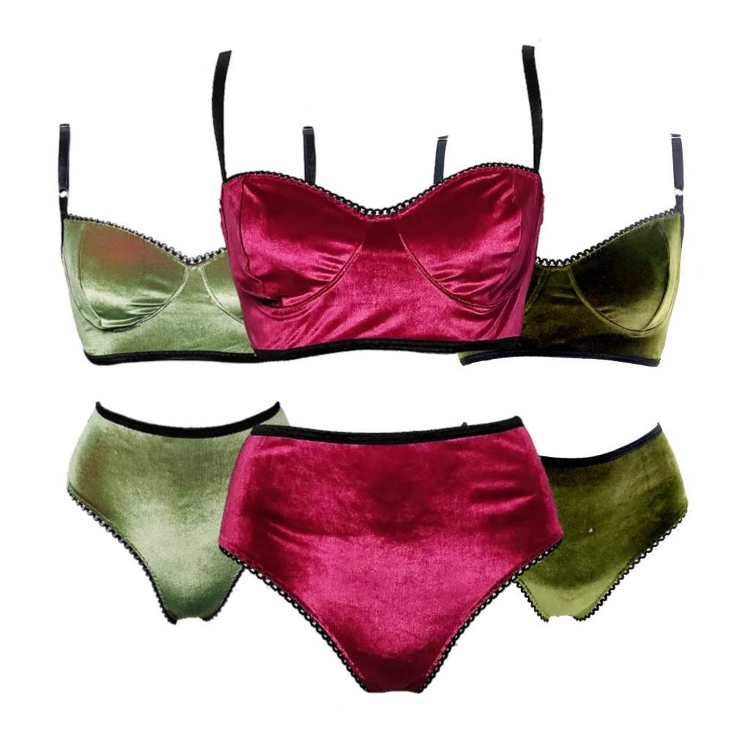 Pink Velvet Lingerie Pin Up Lingerie Set Longline Balconette Top Retro Highwaisted Briefs