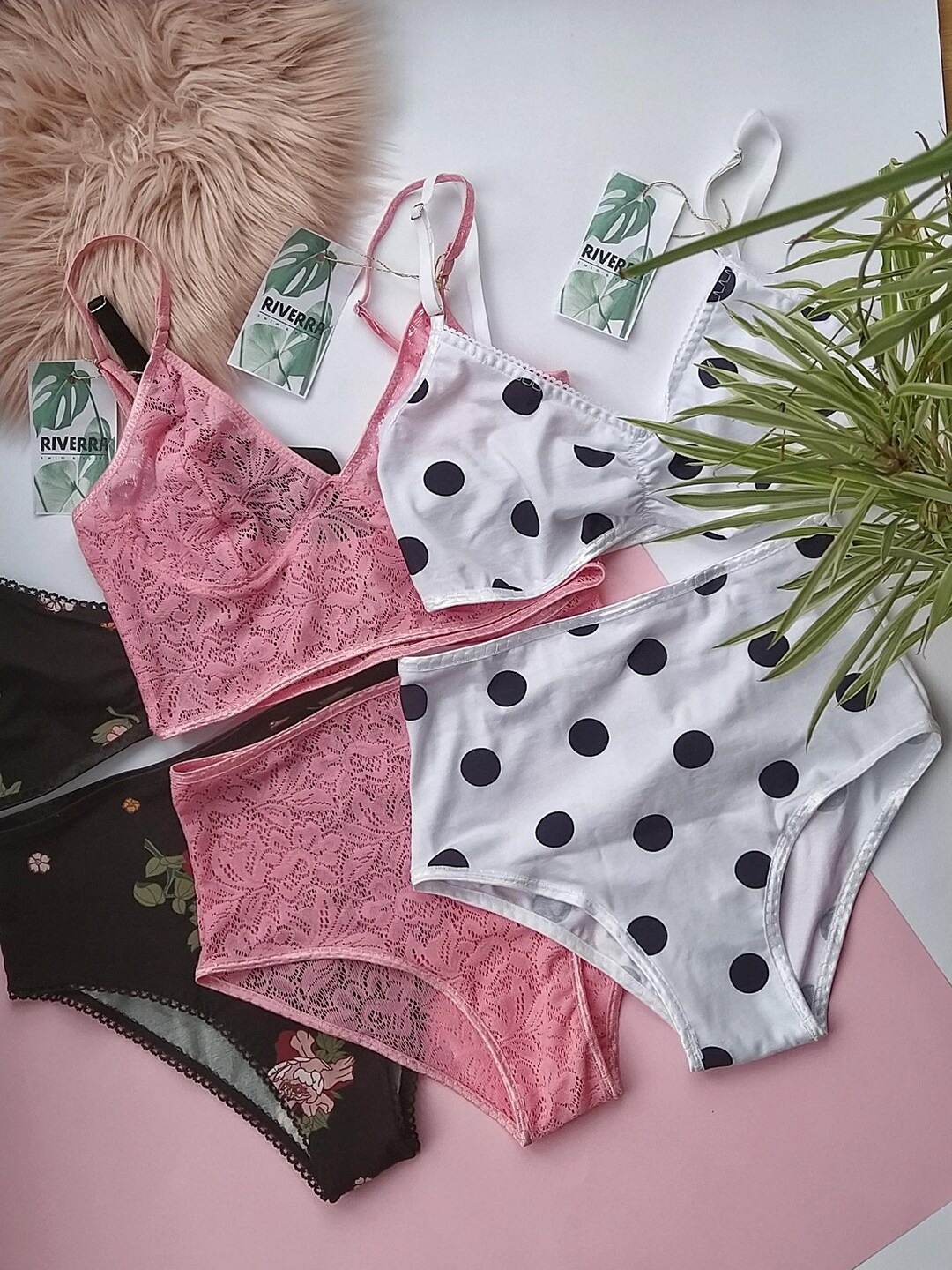 Longline Bralette Lace Lingerie Set, Soft Cup Balconette Top, Retro ...