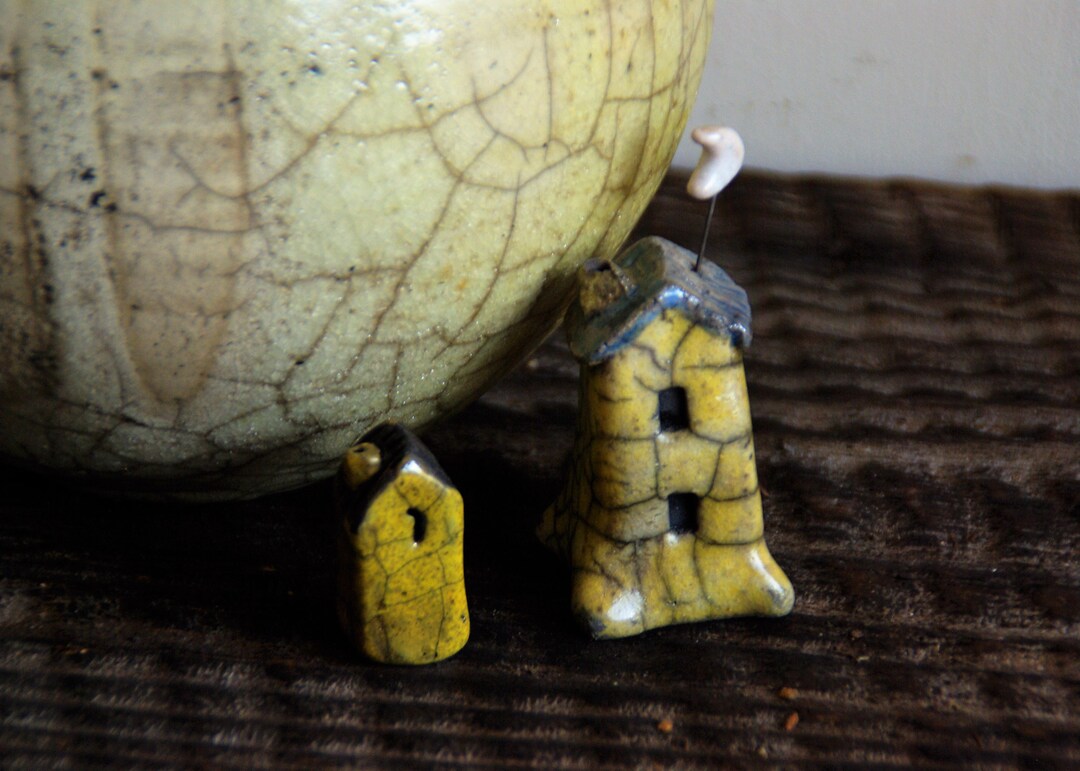 Set 2 Raku Ceramics Mini Houses From Raku Yellow Lucky Houses OOAK ...