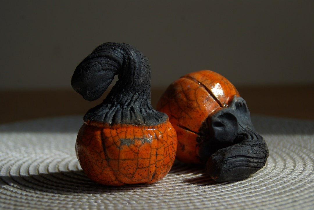 Set of Two Mini Ceramic Pumpkins, Raku Ceramic, Orange Mini Pumpkins ...