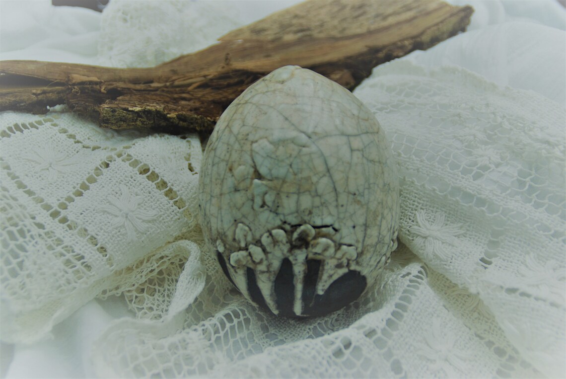 White Dragon's Egg Raku Pottery Handmade Cracked Pottery Best Friend ...