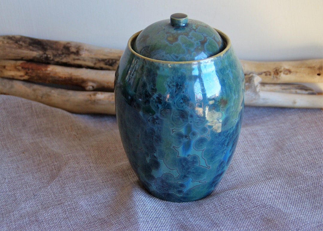Patina Blue Unique Crystalline Ceramic Memorial Urn – Handmade Funeral ...