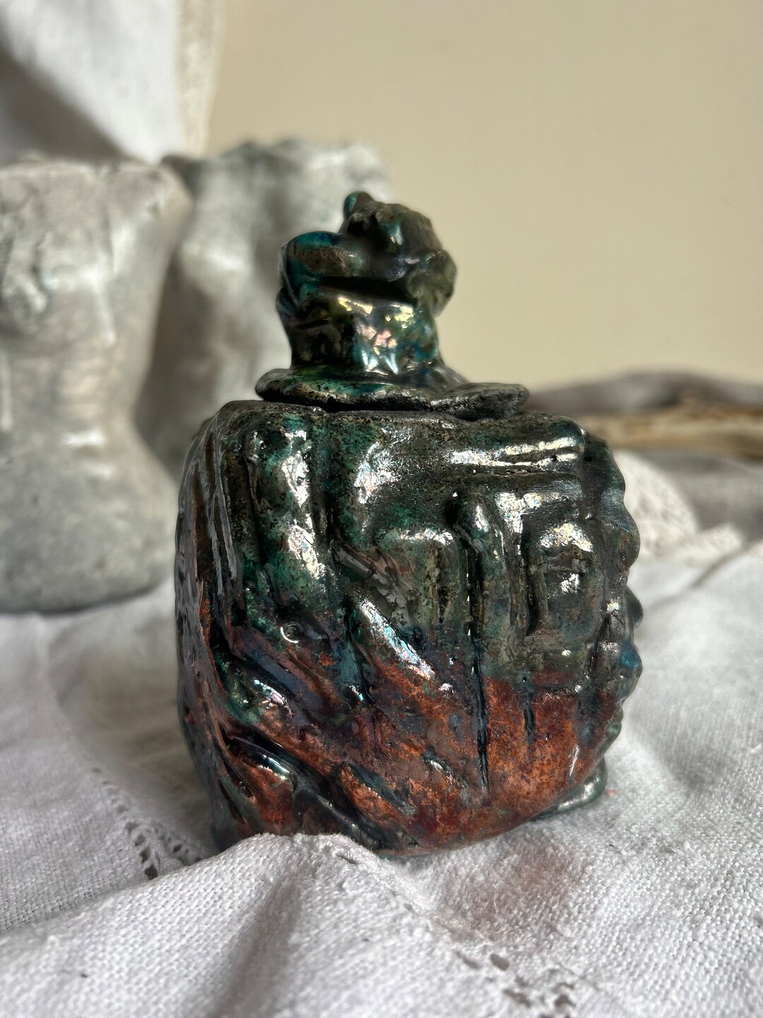 Raku Ceramics Turquoise&black Container Raku Pottery Decorative Raku ...