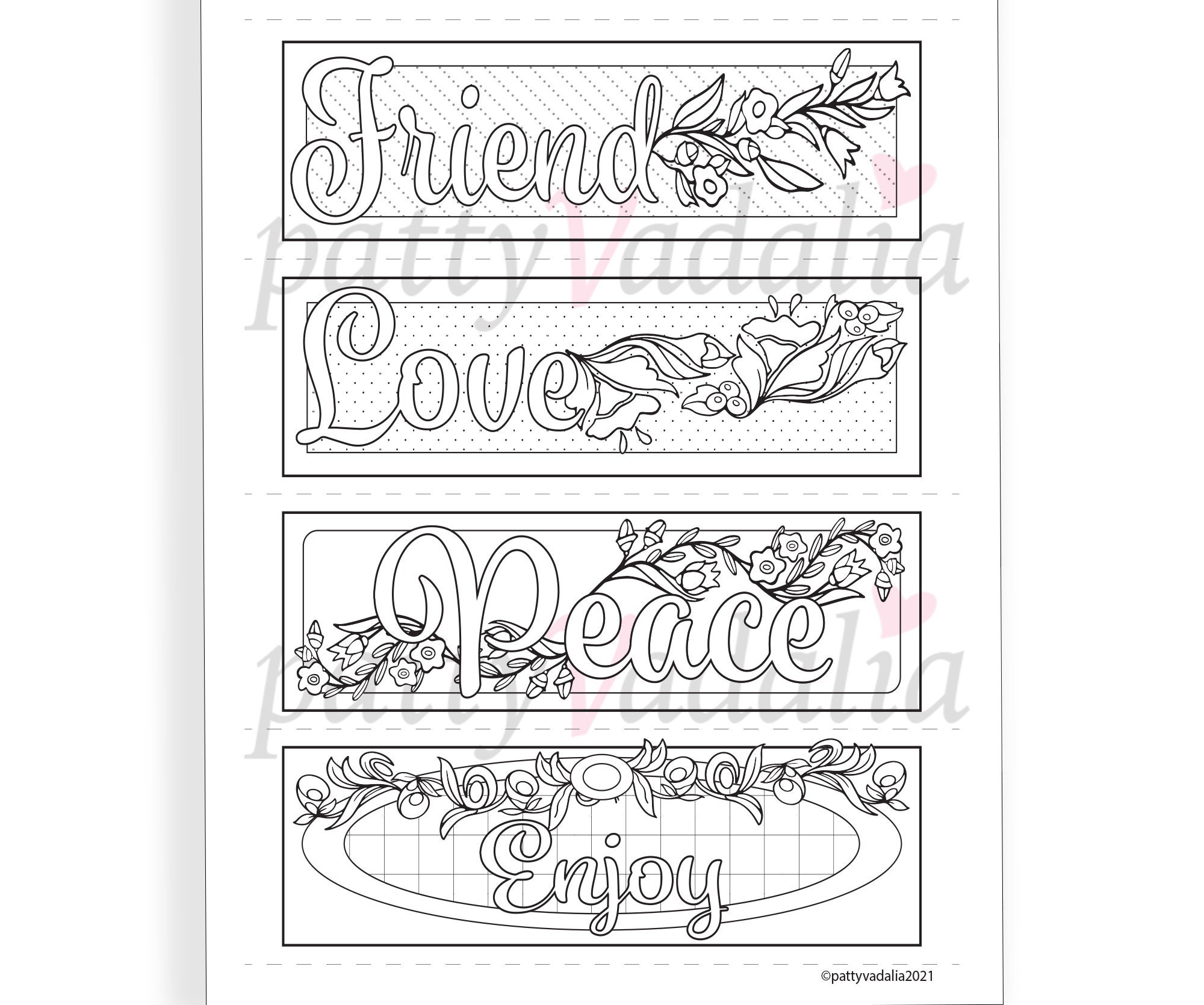 Friendship Coloring Bookmarks, Set of 4, Friend, Love, Peace, Enjoy ...
