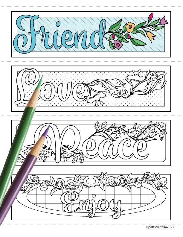 Friendship Coloring Bookmarks, Set of 4, Friend, Love, Peace, Enjoy ...