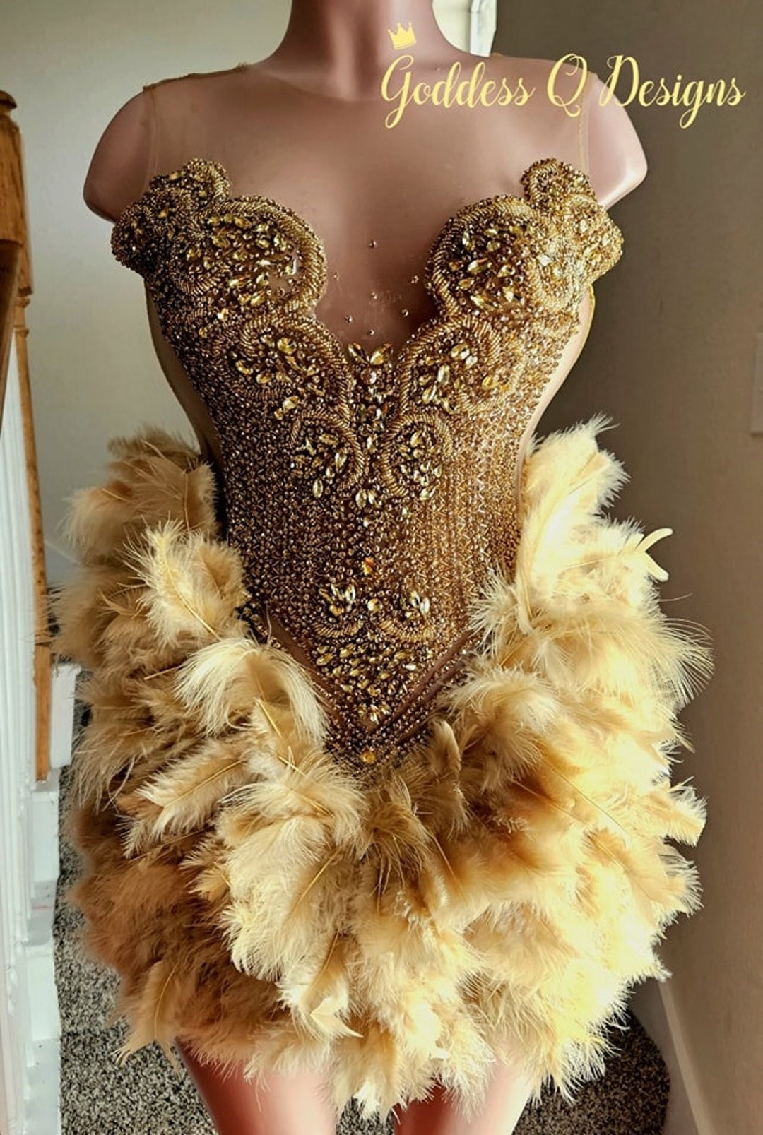 Gold Rhinestone Bodice Feather Dress - Etsy
