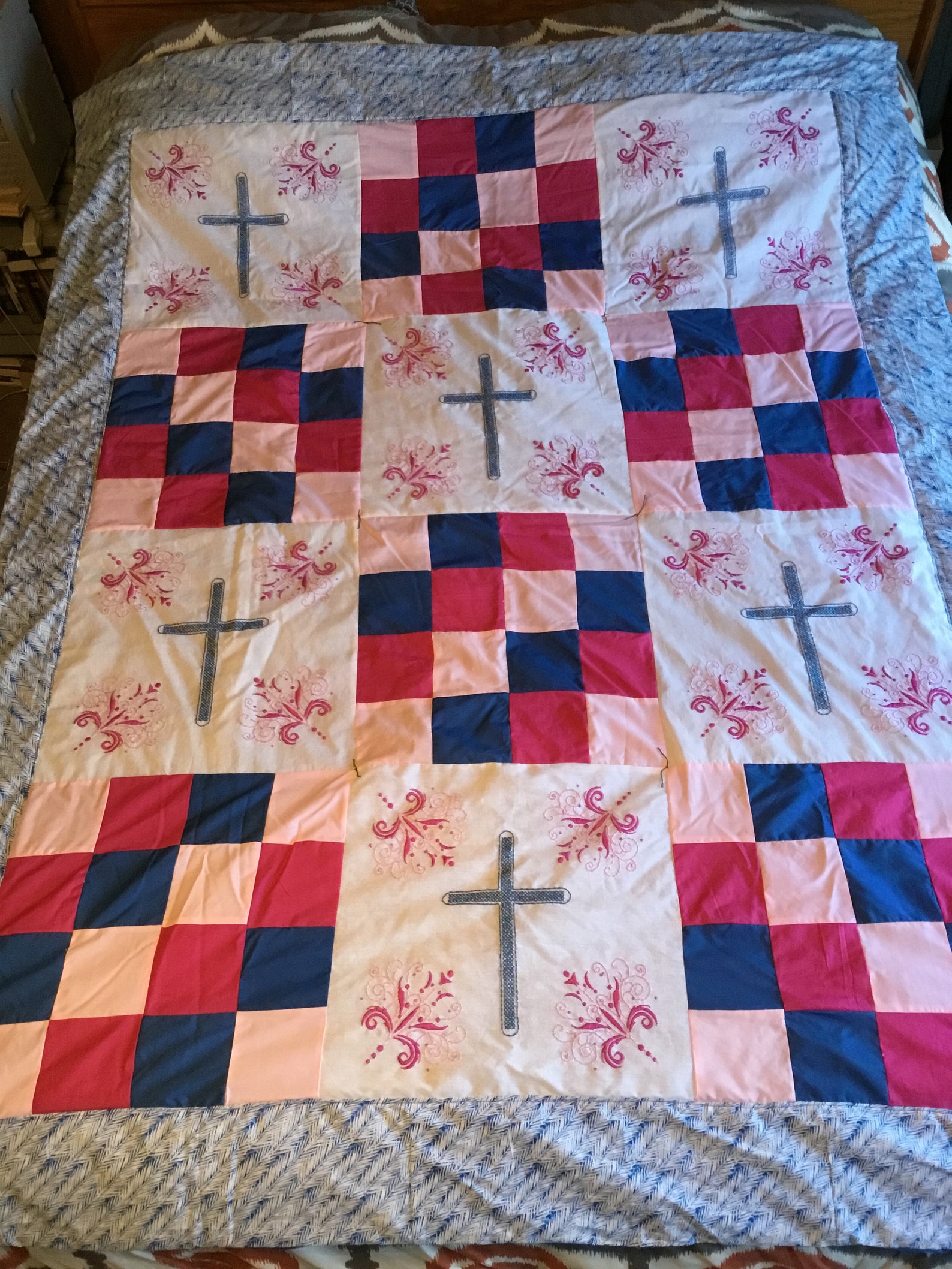 Hand Embroidered Cross Squares With Pink and Blue Squares. - Etsy