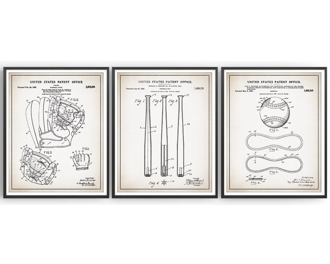 Baseball Patent Prints Set of 3 Baseball Poster Baseball Wall Art ...