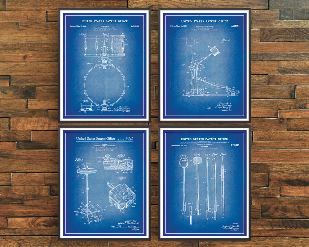 Drum Patent Prints Set of 4 Drum Kit Prints Snare Drum - Etsy