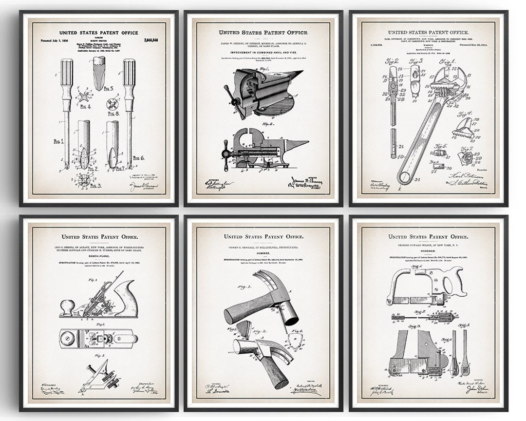 Vintage Tools Patent Prints Set of 6 Handyman Art Construction Decor ...