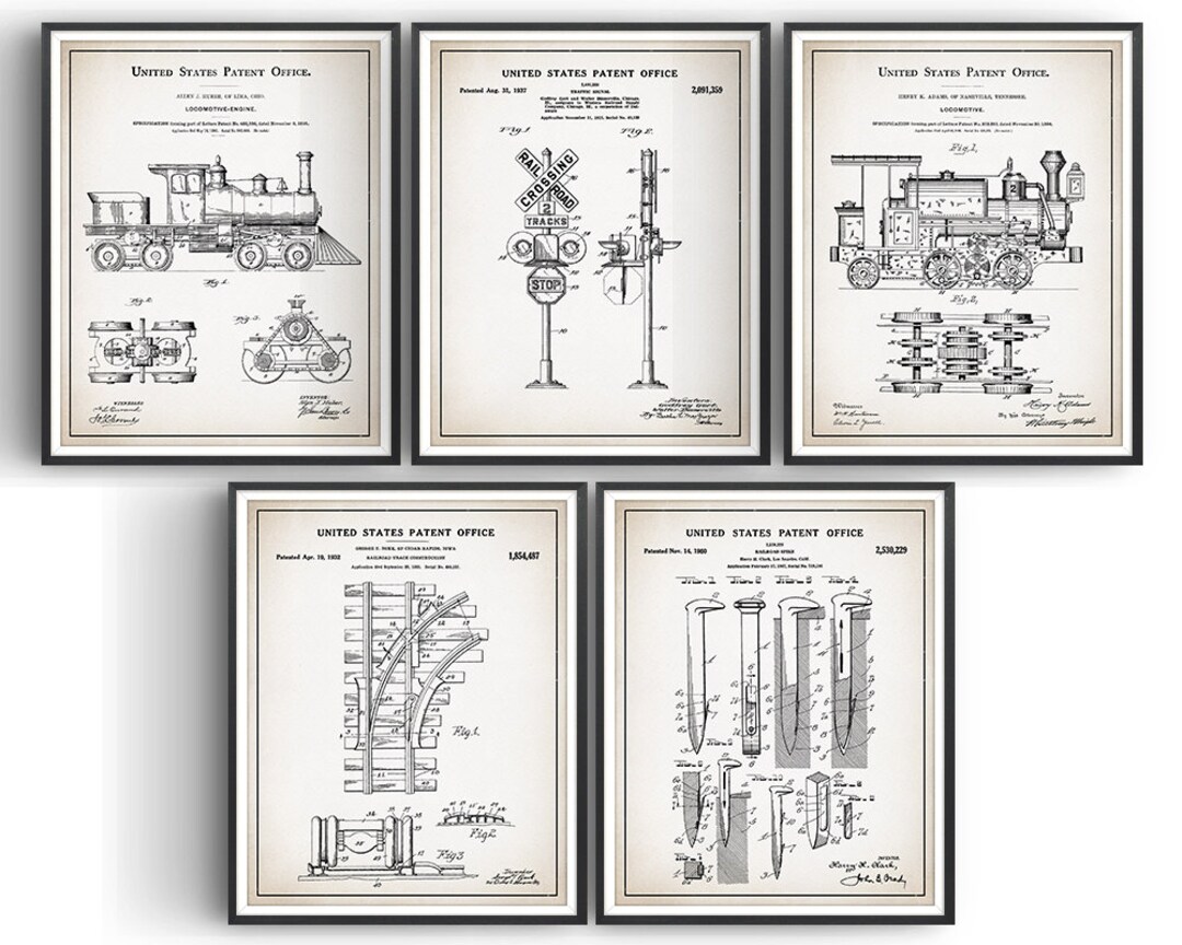 Train Patent Set - Set of 5 - Patent Prints - Train Art - Railroad Art ...