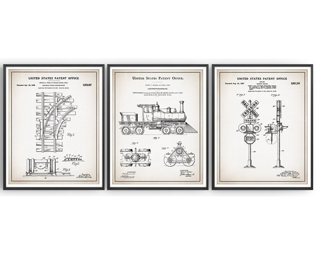 Train Patent Set Set of 3 Patent Prints Train Art Railroad Art ...