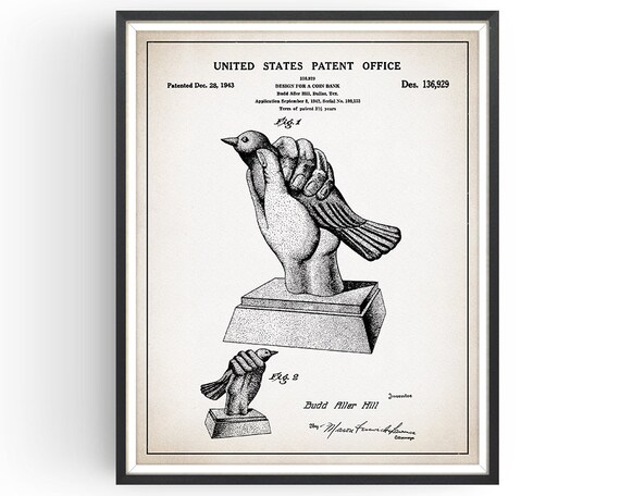 BIRD COIN BANK 1943 Patent Print Bird in the Hand | Etsy UK
