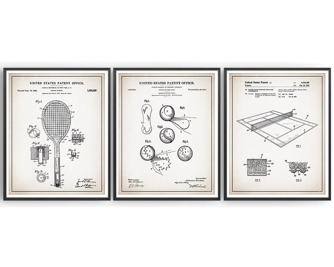 Tennis Patent Prints Set of 3 Sports Inventions Tennis Poster Wimbledon ...