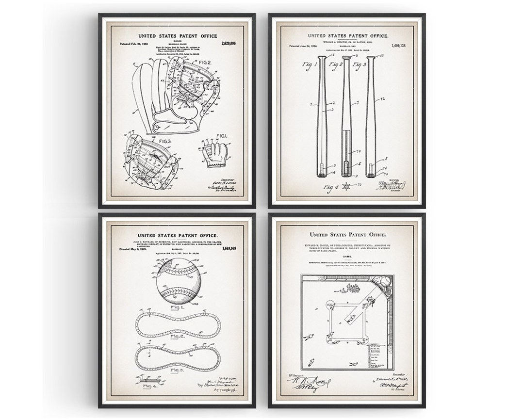 Baseball Patent Prints Set of 4 Baseball Poster Baseball Wall Art ...