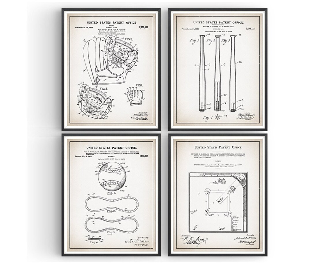 Baseball Patent Prints Set of 4 Baseball Poster Baseball - Etsy