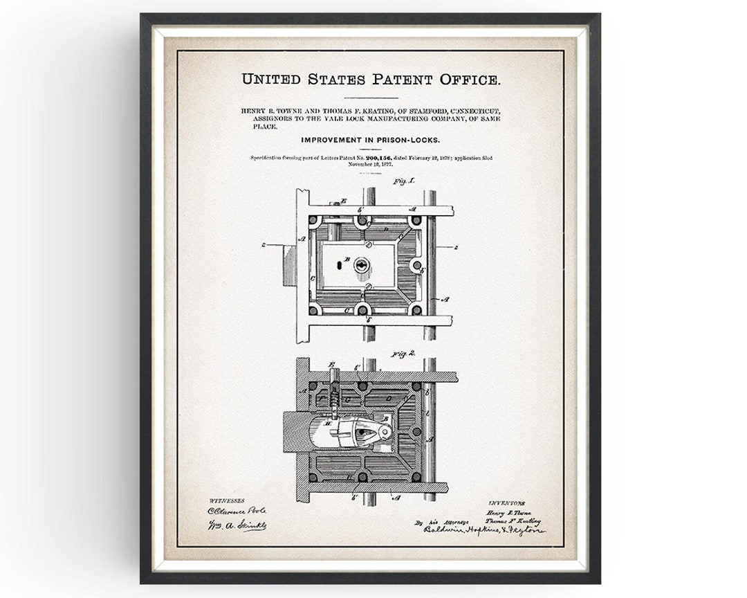 PRISON LOCK - 1878 - Patent Print - Lock Print - Prison Art - Prison ...