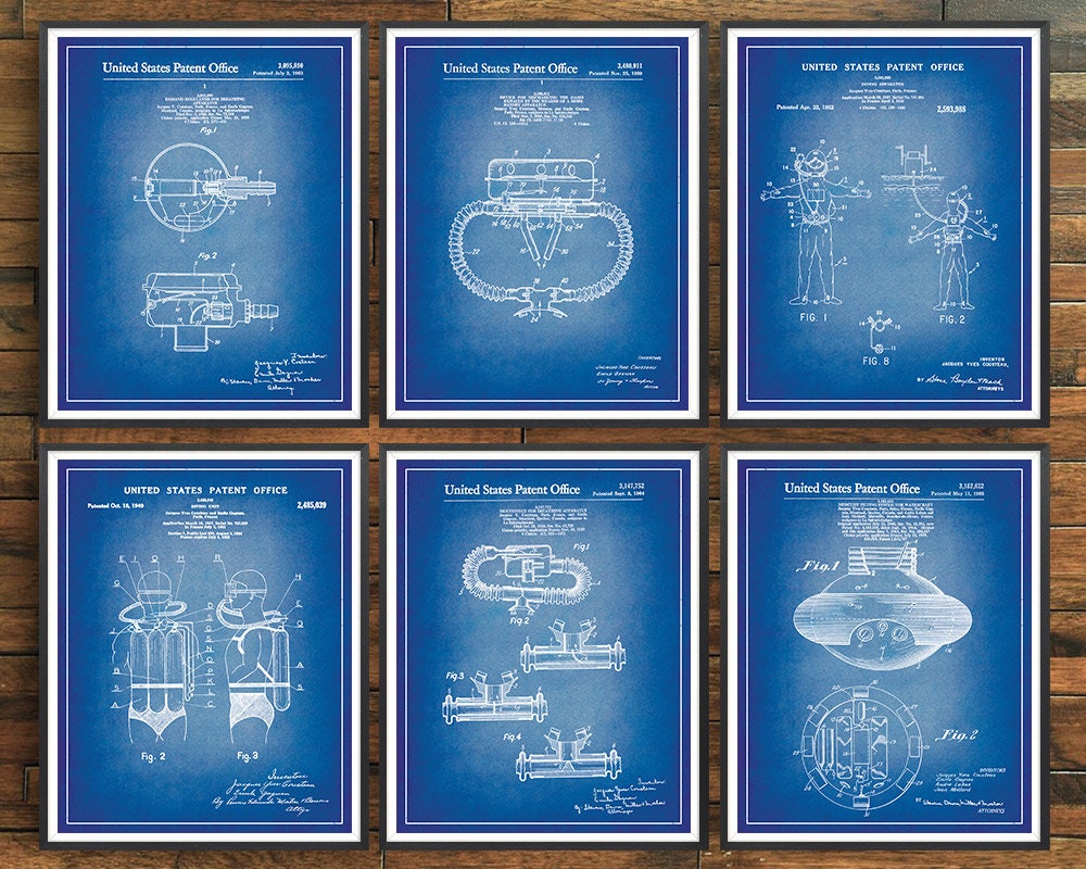 Diving Patent Prints Set of 6 Nautical Decor Scuba Print | Etsy