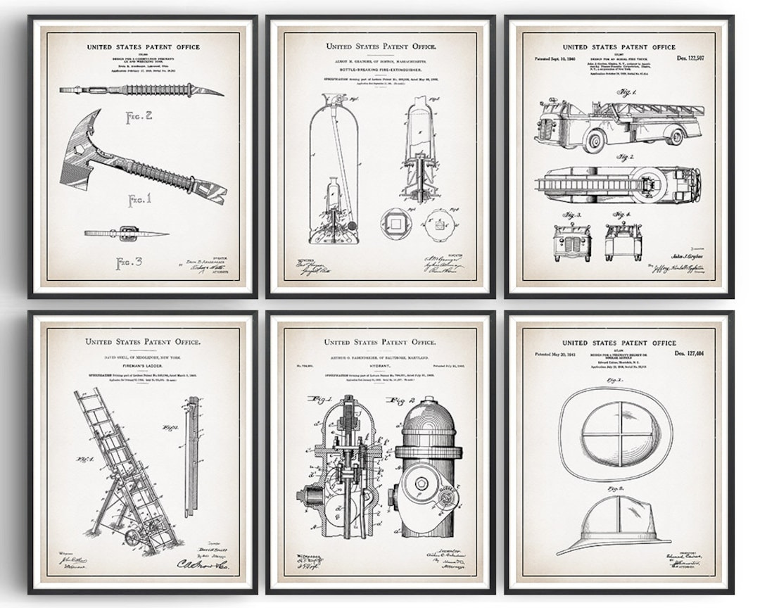 Firefighter Patent Prints Set of 6 Firefighting Posters Fireman Gift ...