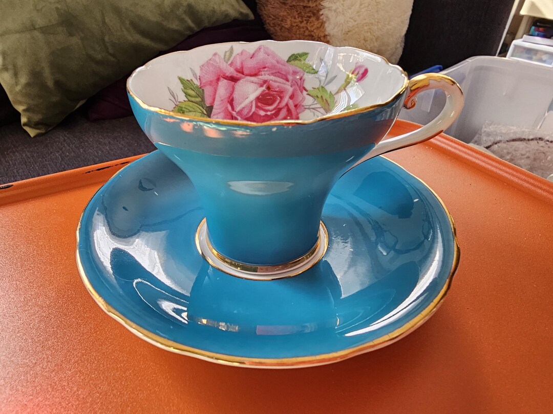 Vintage Aynsley Turquoise Cabbage Rose China Teacup and Saucer - Etsy