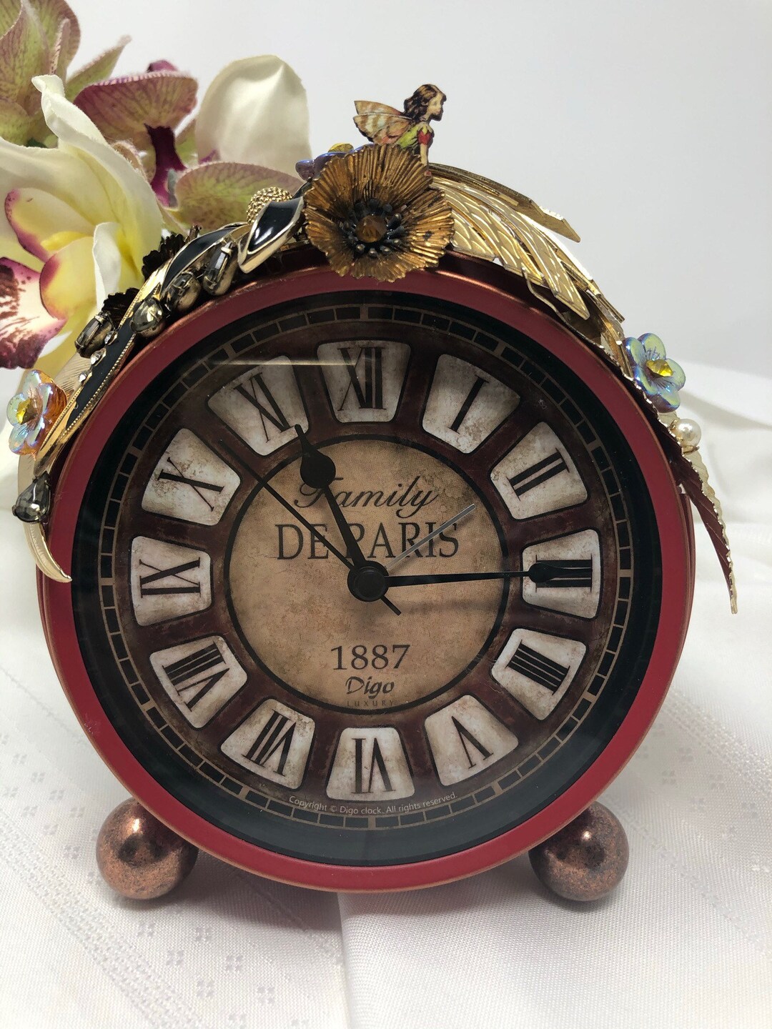 Home or Office Decor Red Tabletop Clock Upscaled OOAK Vintage Jewelry ...