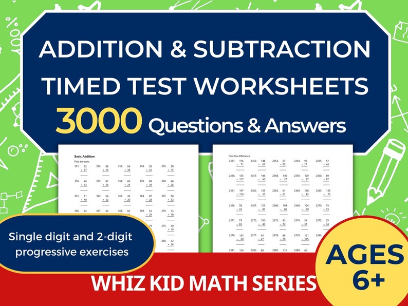 Addition and Subtraction Timed Test Worksheets for Grades 1 and 2/years ...