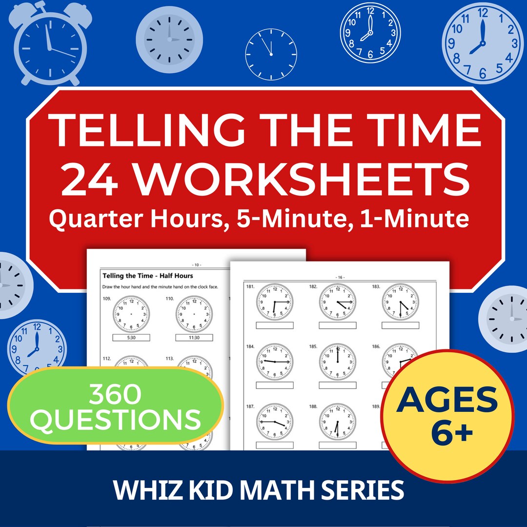Telling the Time (set 2): 24 Worksheets (360 Questions) Quarter Hours ...