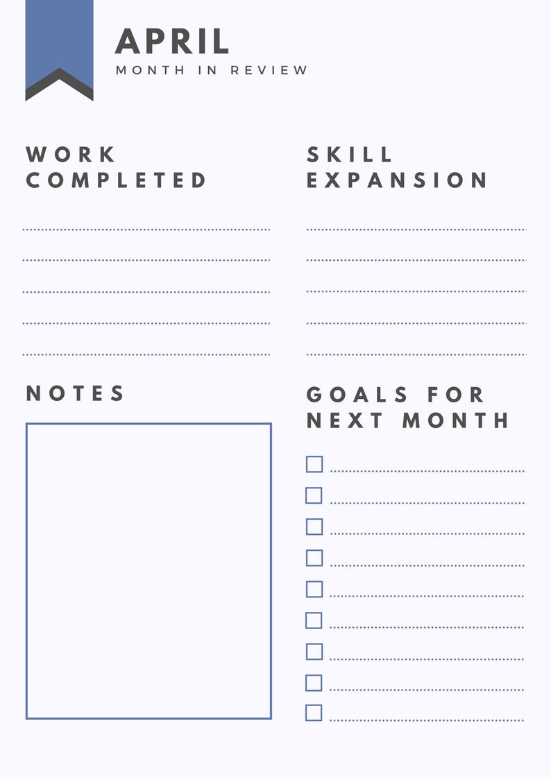 Month in Review Printable Blue Accents, Monthly Career Assessment ...