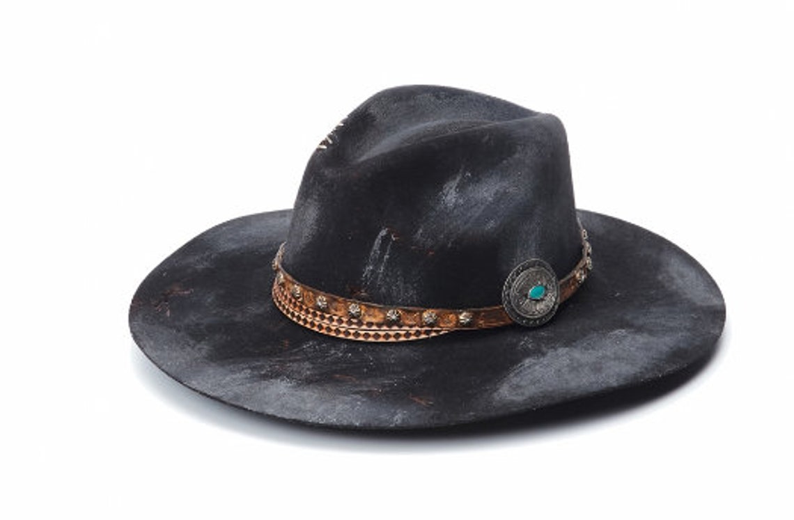 Black Distressed Flat Brim Hat - Pressed Wool Felt - Etsy