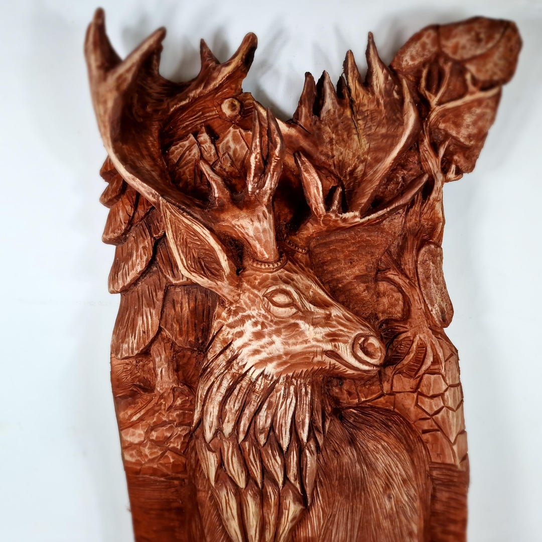 Wooden Carved Deer, Hand Carved Deer Art, Deer in the Forest, Graceful ...