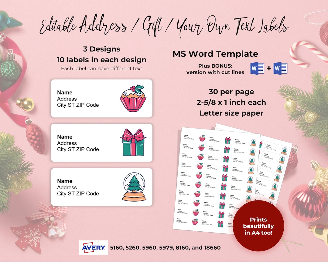 Printable Editable Christmas Gift, Address Labels. 30/page. MS Word ...